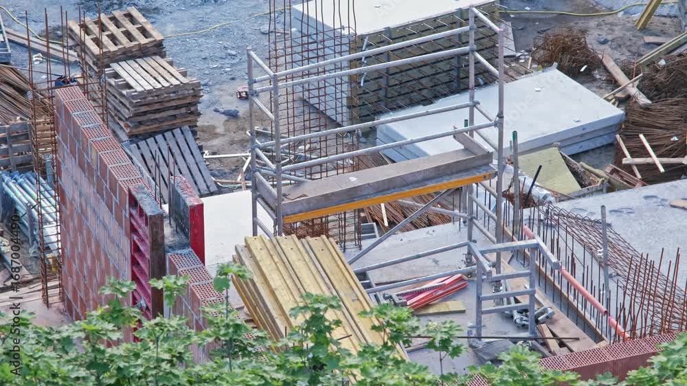 Messy Construction Site of Office and Residential Building with Rebar ...
