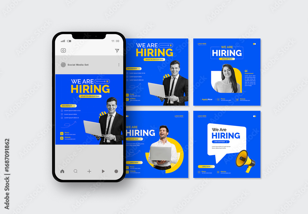 Blue & Yellow We Are Hiring Social Media Post Template Design Stock ...
