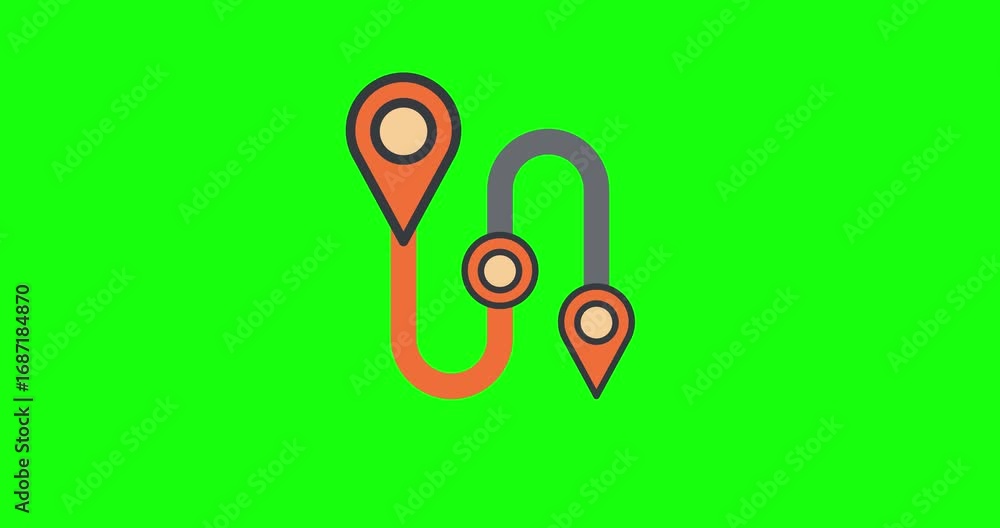 Multi stop route animation with curved path and three pins on green ...
