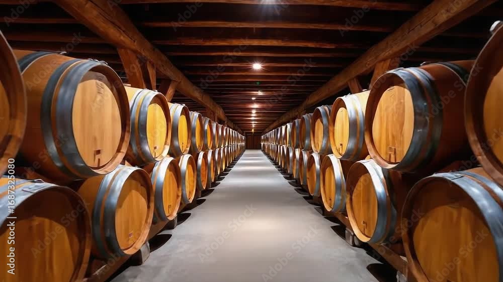 Rows of large wooden wine barrels line a long cellar aisle in a winery ...