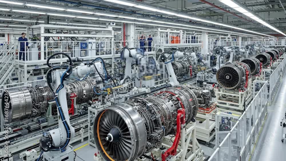 Aerospace Engine Assembly Line - A high-angle, wide shot of a modern ...