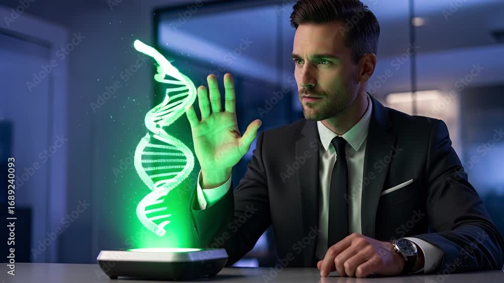 Professional man in a suit studying a projected 3D model of a DNA ...