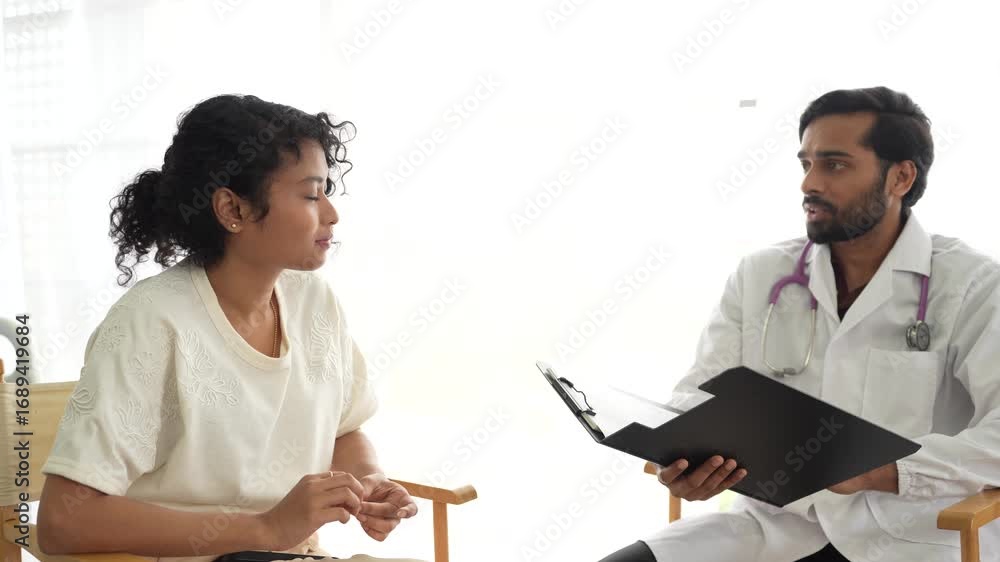 A kind doctor talks to his female patient in a hospital room. He holds ...