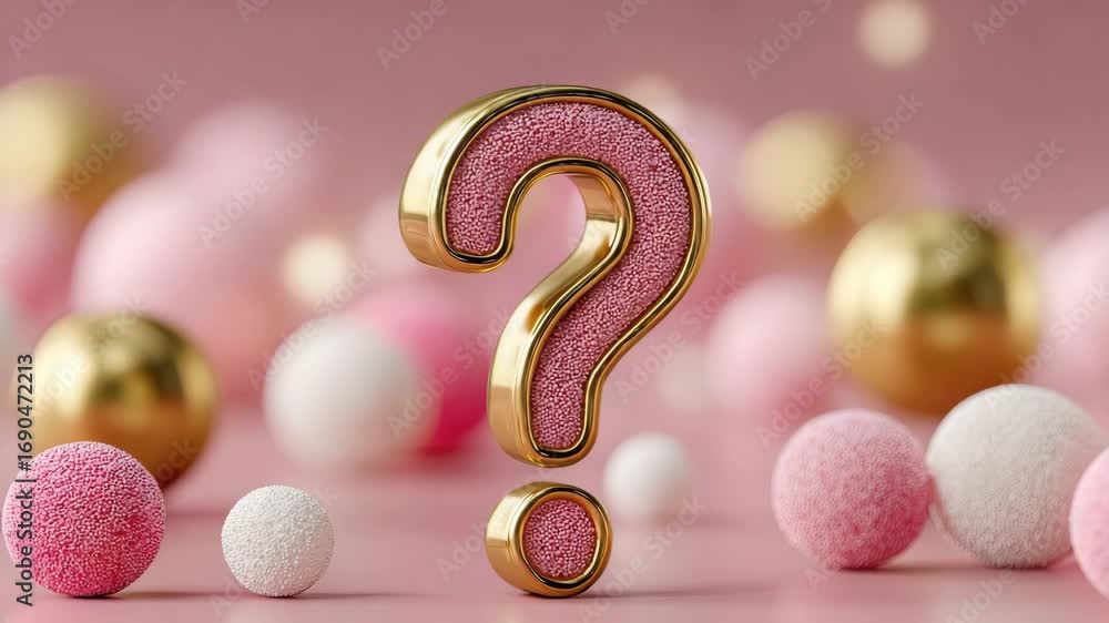luxury pink and gold question mark with textured spheres in 3D render ...