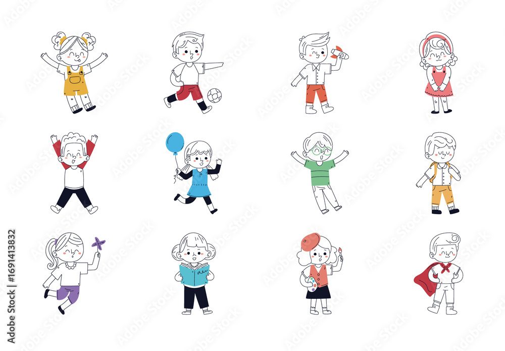 Colorful Children Doodle Kids Cartoon Art Illustrations Set Stock ...