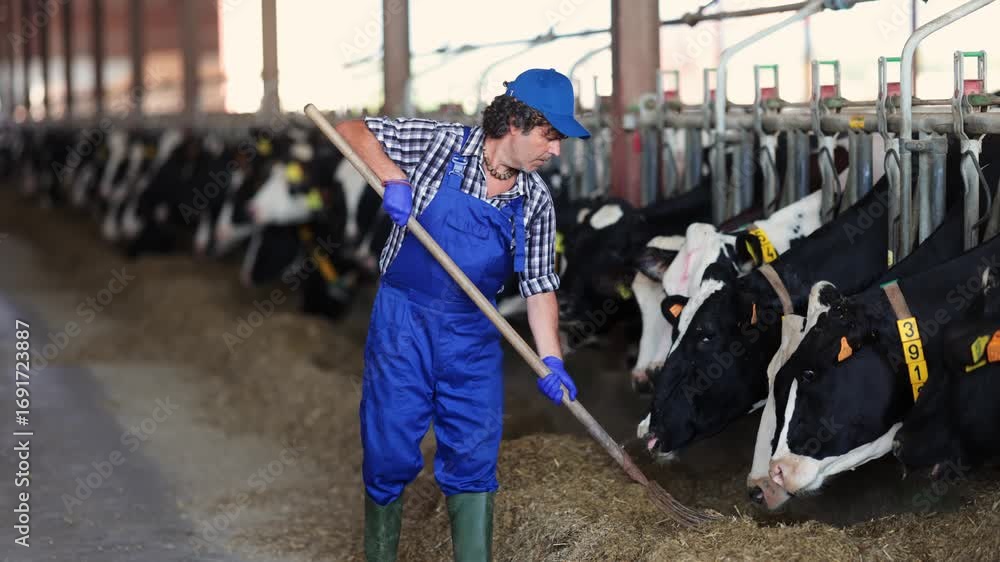 Man works with cows in barn, moves hay closer to cows, provides feeding ...