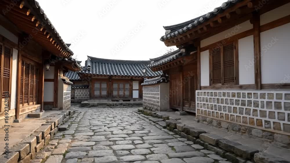 Traditional Korean village scene with stone pathways, wooden buildings ...