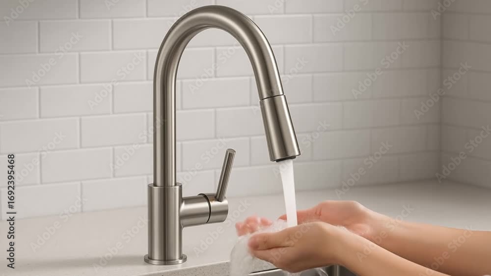 touchless invention concept. Touchless kitchen faucet with a hand ...