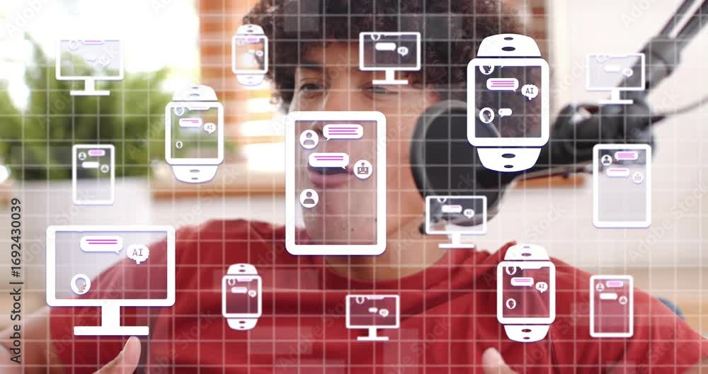 Man speaking into mic initiating grid overlay animating chat icons ...