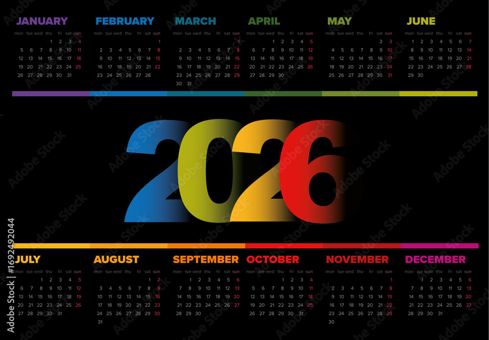 Colorful 2026 Calendar Template with placeholder on Dark Background ...