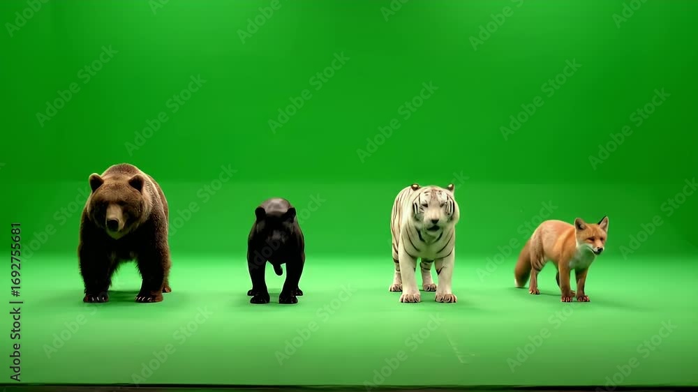 Diverse Wild Animals Standing on Green Screen Background for VFX ...