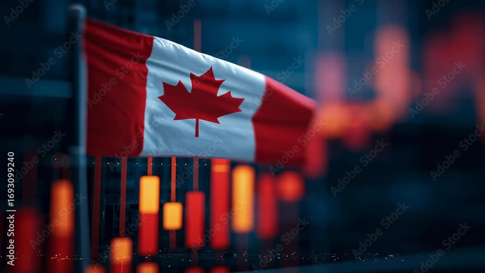 A red and white Canadian flag is displayed in front of a series of ...