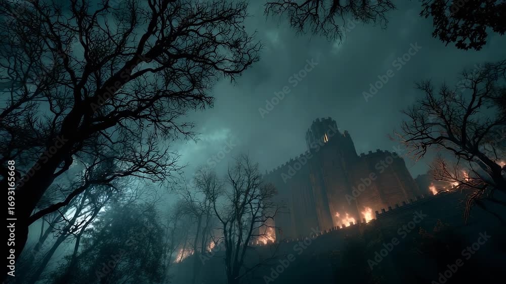 Castle wall stretches across dark hill. Flames burn below gothic ...