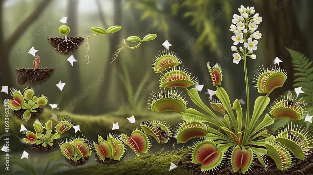 Venus flytrap life cycle in forest, showing growth stages & traps with ...