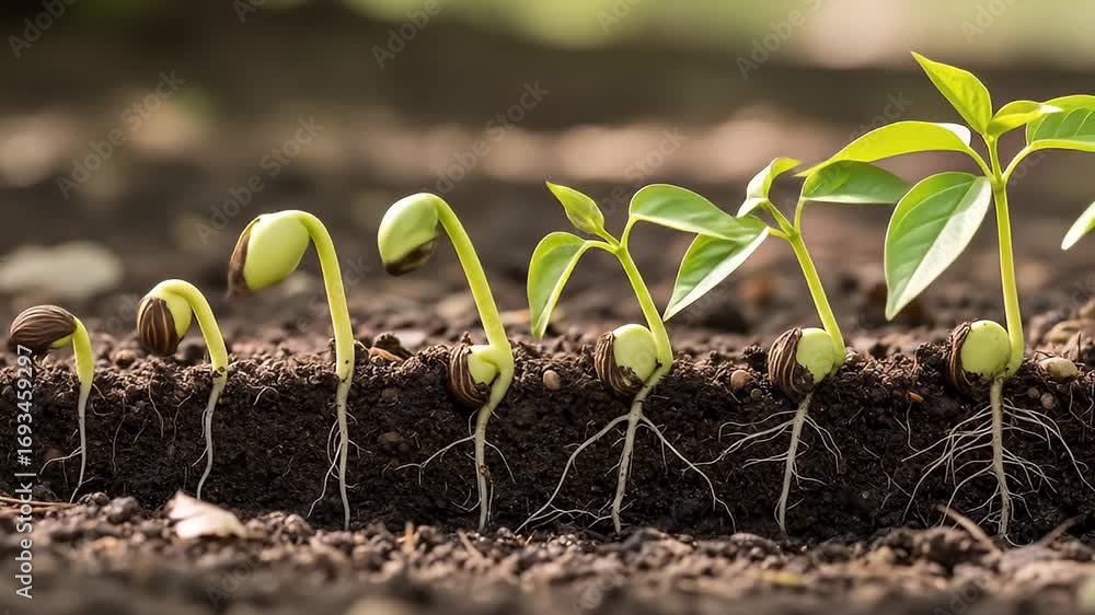 Seed germination stages from seed to plant with visible roots, in dark ...