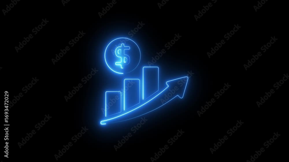 Economic bar chart with neon blue color dollar sign and rising arrow on ...