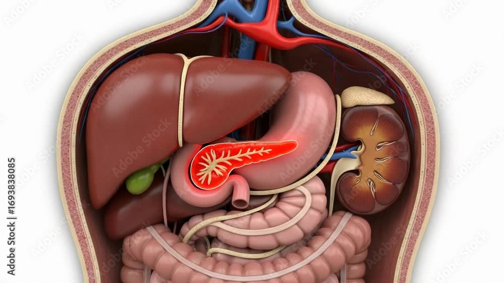 Human pancreas anatomy animation showing internal structure and ...