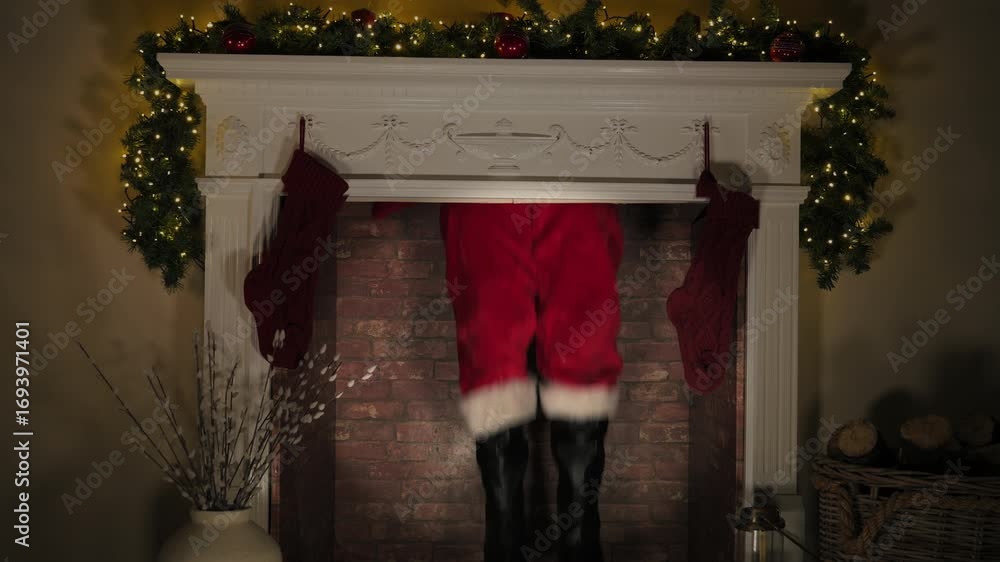 4k: Father Christmas coming down the chimney on Christmas Eve. Santa ...