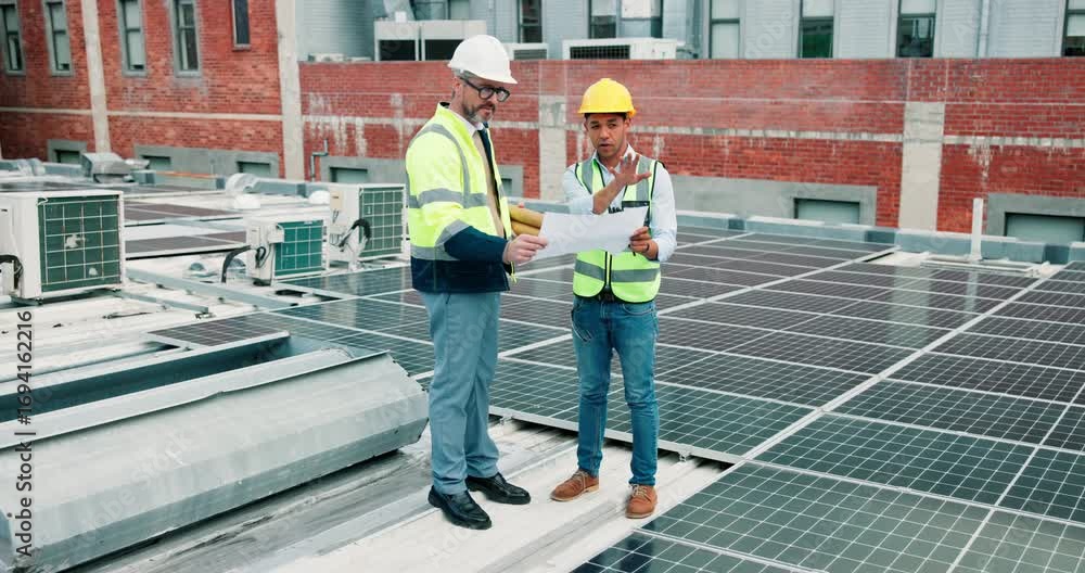Men, engineer and talk with blueprint for solar panel design, floor ...