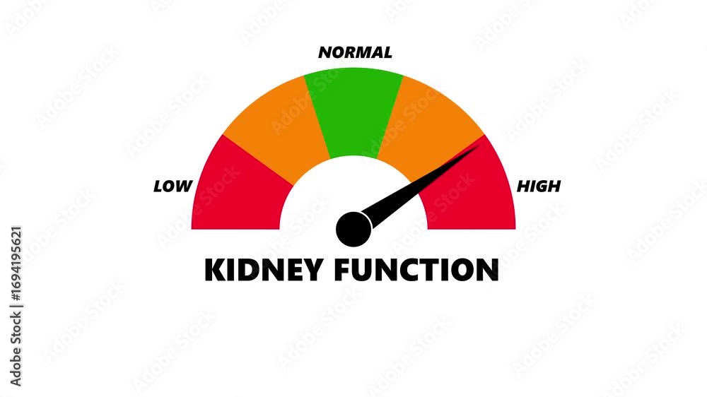 Animated kidney function meter decreasing from normal to low level ...