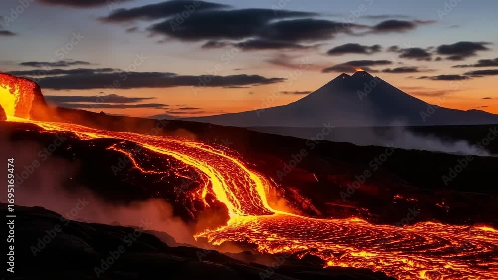 Volcanic eruption shows lava stream with volcano in background under ...