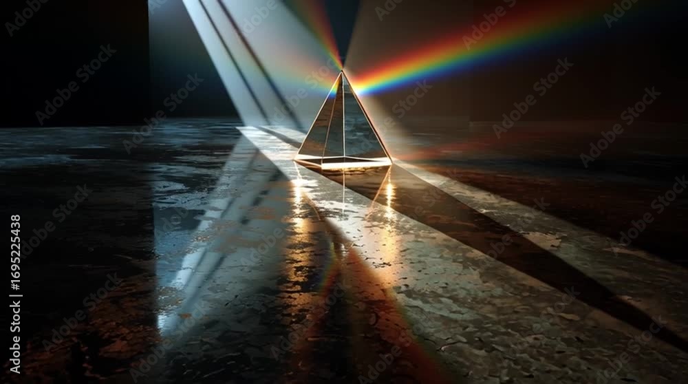 Light refracting through a prism creating a rainbow on a dark ...