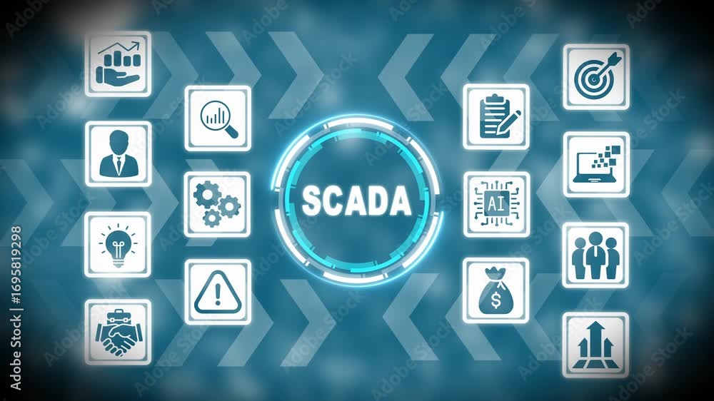 Blue glowing SCADA system concept with surrounding icons and arrows ...