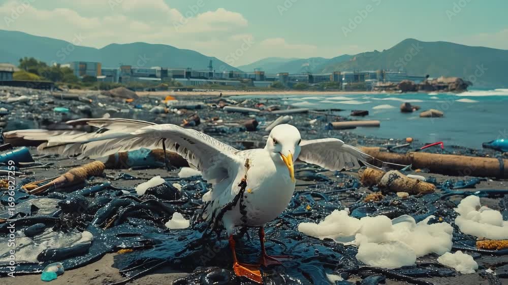Seagull, stained with oil, stands on a beach littered with plastic ...