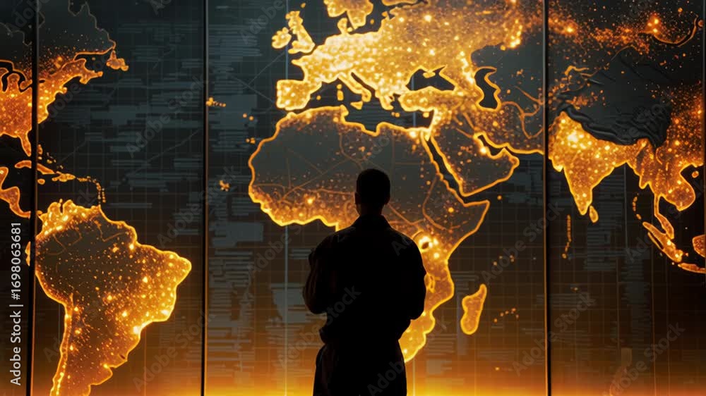 Vidéo Stock Military officer silhouetted against large interactive ...