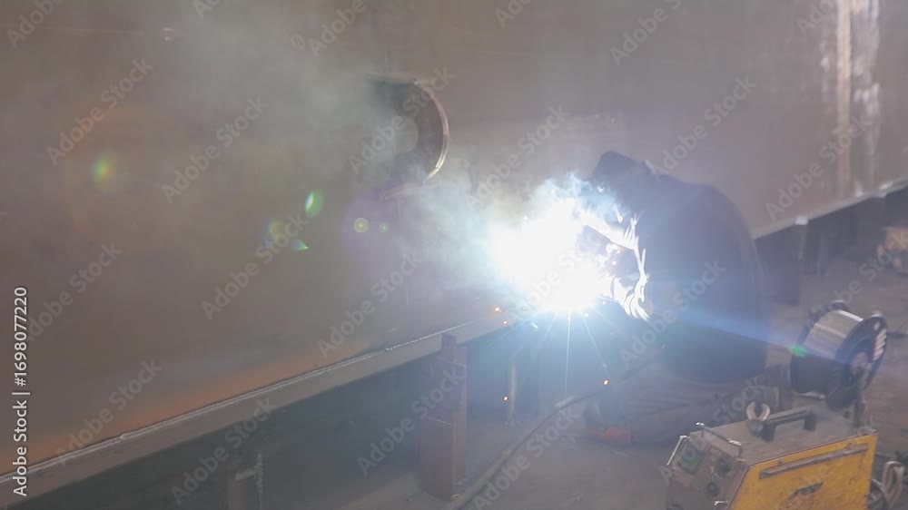 Welders welding large steel sections steel box girder of bridge ...