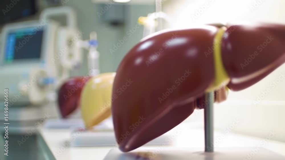 Anatomical models of the human liver displaying various stages of ...
