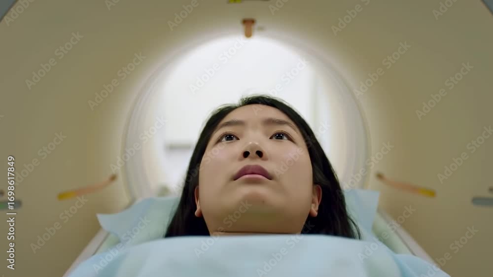 Young Asian woman patiently waiting inside a CT scanner for a medical ...