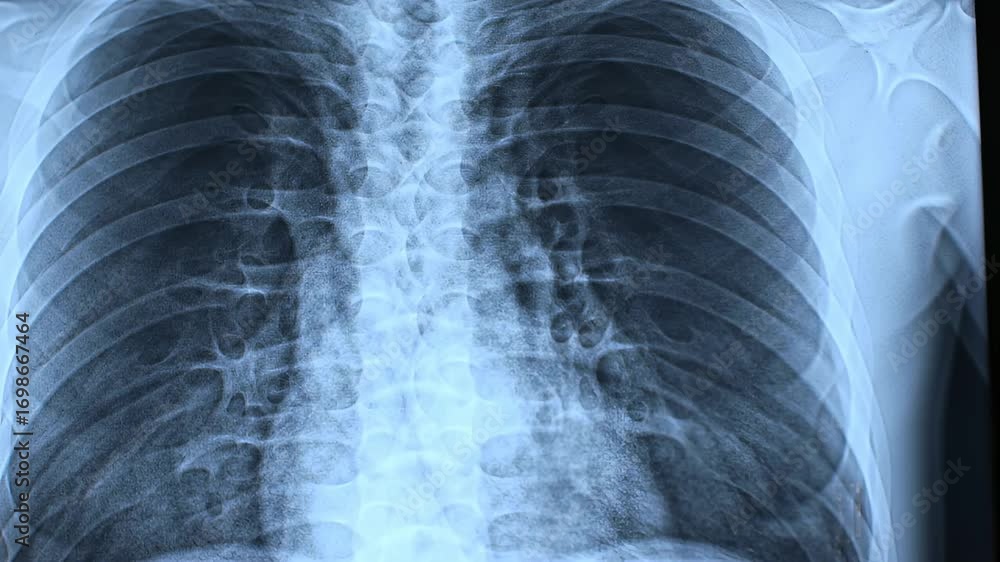 Close-up radiographic image of a human chest X-ray, revealing the lungs ...