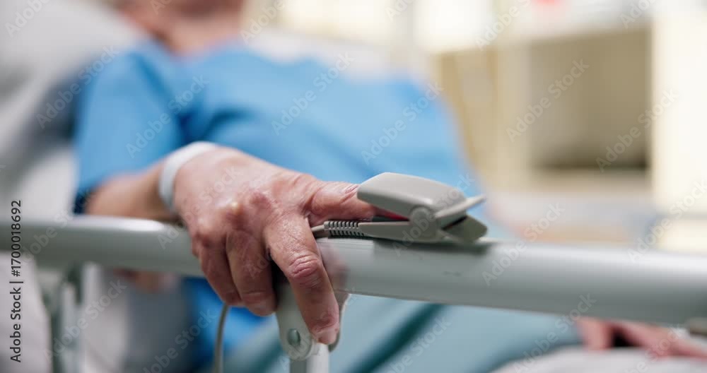 Hand, senior person and oximeter in hospital bed for blood oxygen ...