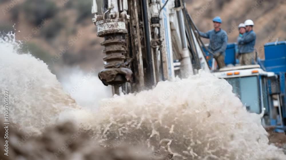 Dynamic image of drilling machinery excavating soil and rock with muddy ...
