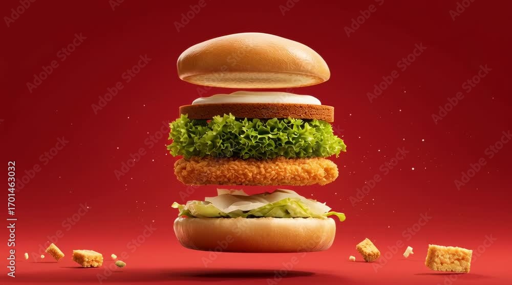 xploded view of a burger in mid-assembly, ingredients floating in order ...