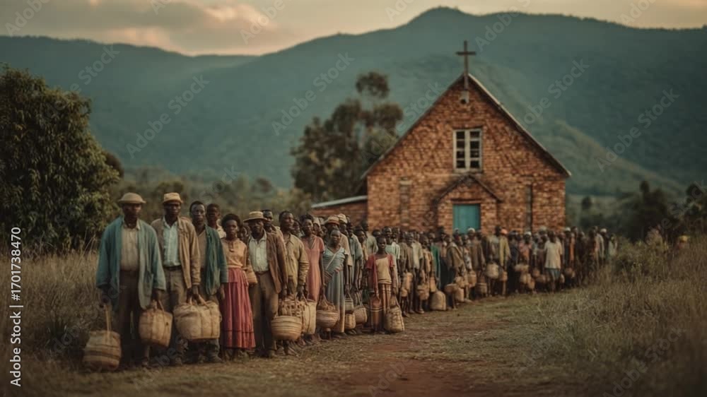 Pilgrimage to the Sanctuary: A group of individuals, shouldering their ...