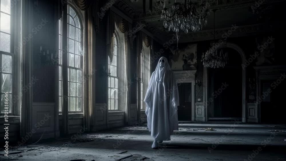 Spooky ghost figure slowly floating through a haunted, abandoned ...