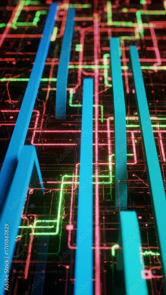 A close-up dolly-in video of a futuristic, glowing geometric grid with ...