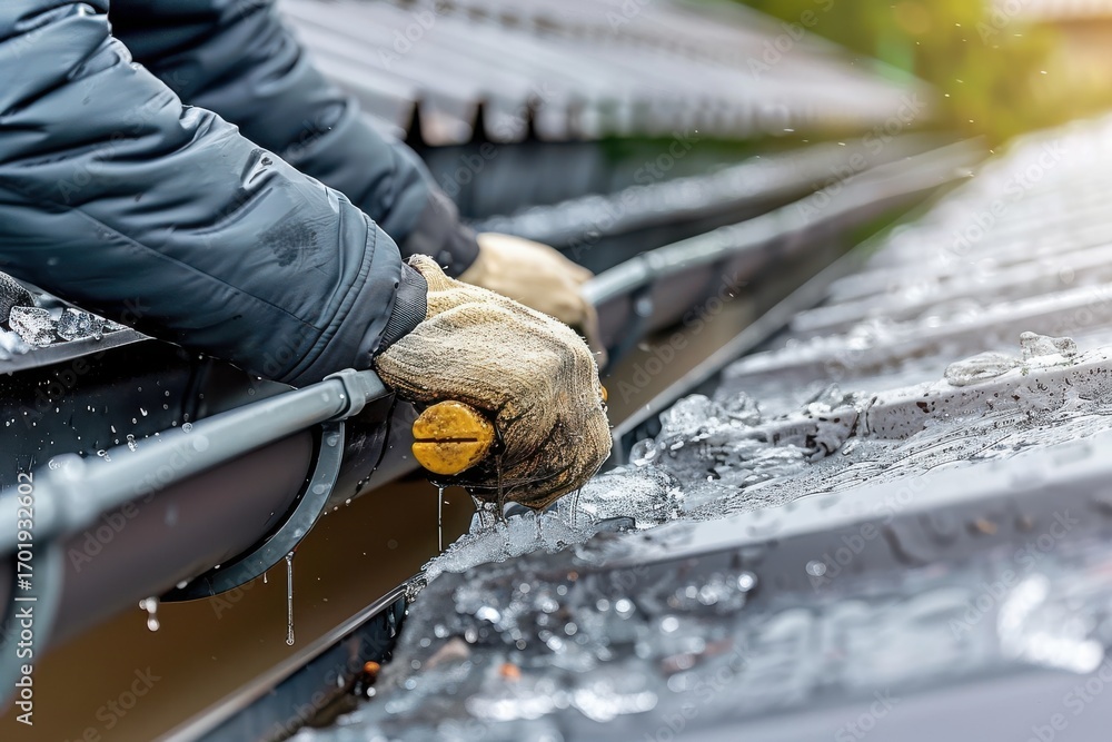 Gloved hands clearing ice from a roof gutter in winter. Cold weather ...