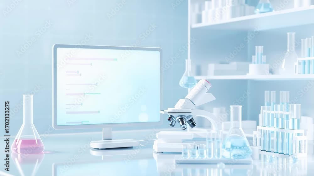 Laboratory bench with microscope and a flask of blue liquid; clean lab ...