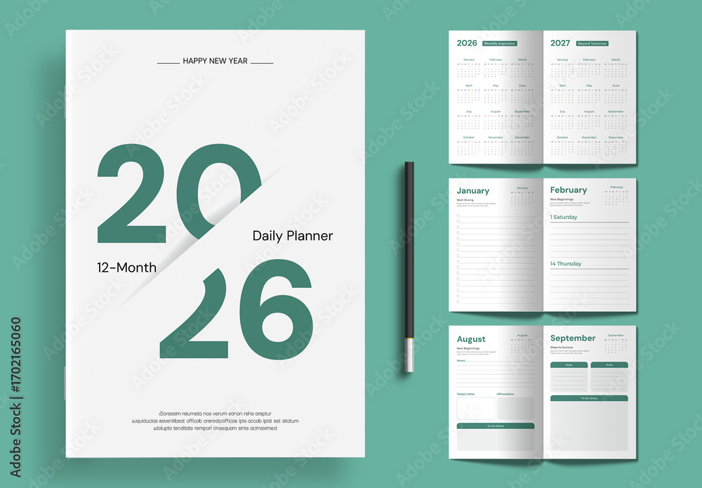 Modern 12 Month Daily Planner and Calendar Design Template for 2026 ...