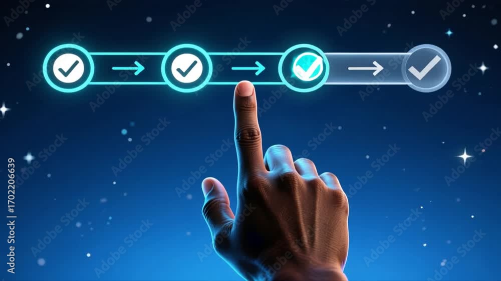 A hand points upward to glowing digital progress bar with checkmarks ...