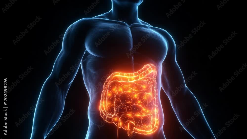 human body with highlighted intestines digestive system glowing concept ...