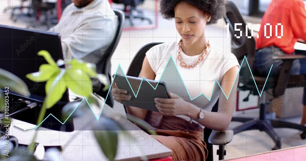 Woman tapping and swiping tablet to analyze business data with animated ...
