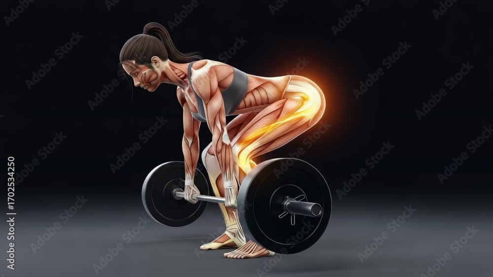Woman Performing Deadlift with Muscle Anatomy Overlay Demonstrating ...