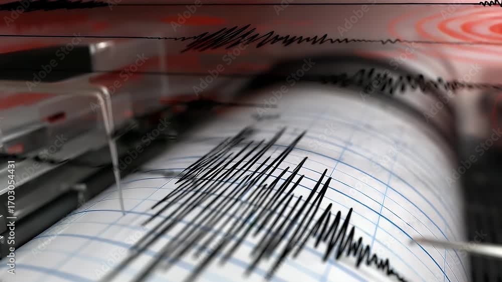 Seismograph machine recording seismic waves and earthquake tremors on ...