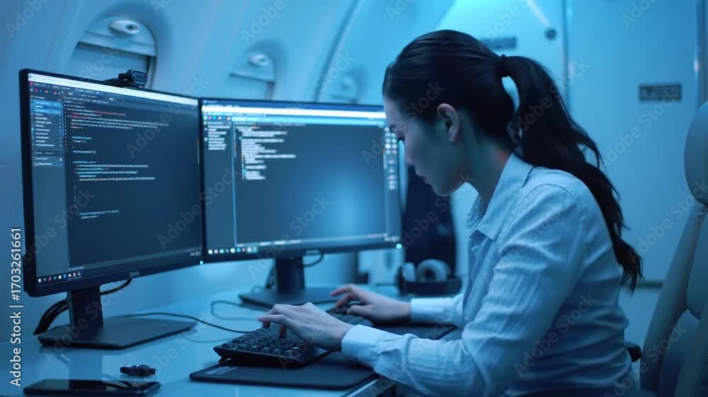 Female programmer coding on a private jet, writing code, in-flight ...