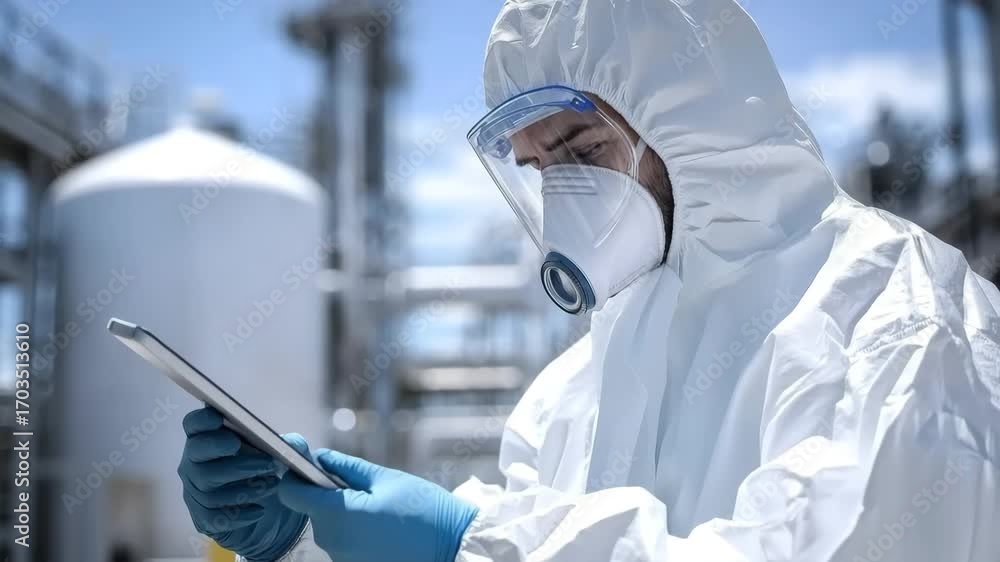 Safety measures in a chemical plant with a worker using a tablet during ...