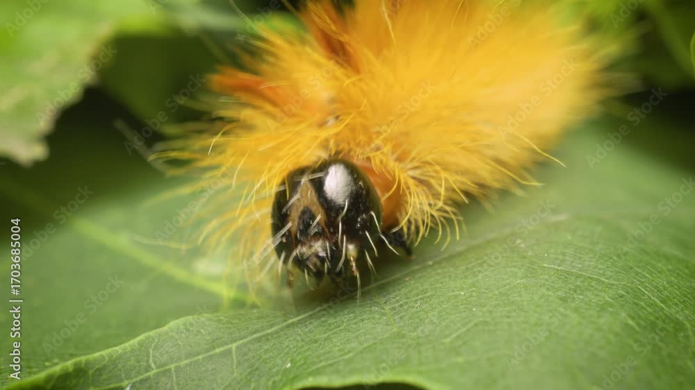 Close-up of a sycamore moth (Acronicta aceris) larva crawling in its ...